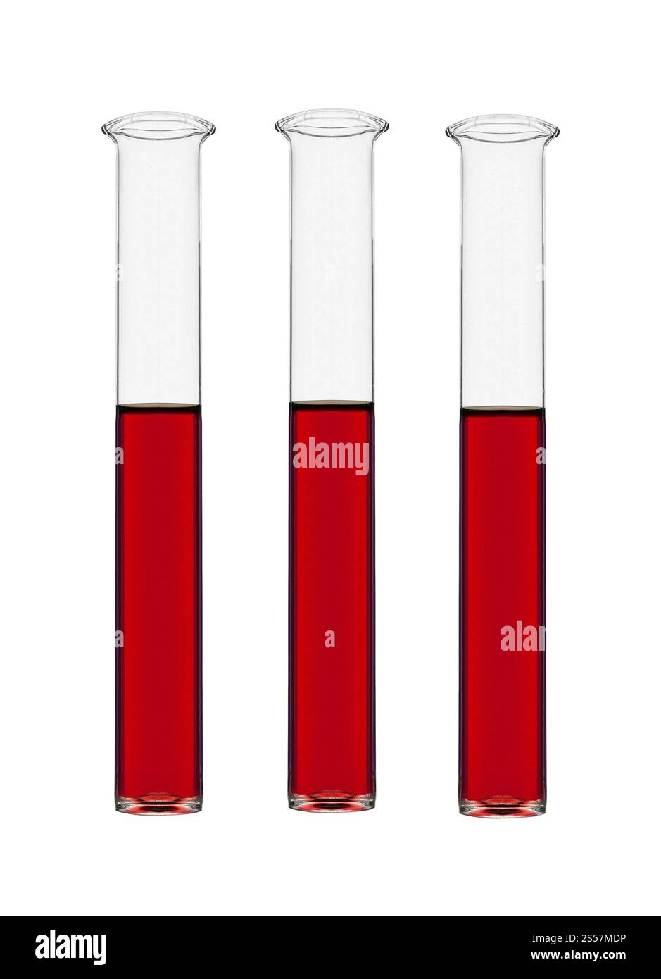 three test-tubes with red liquid isolated on white background. three ...