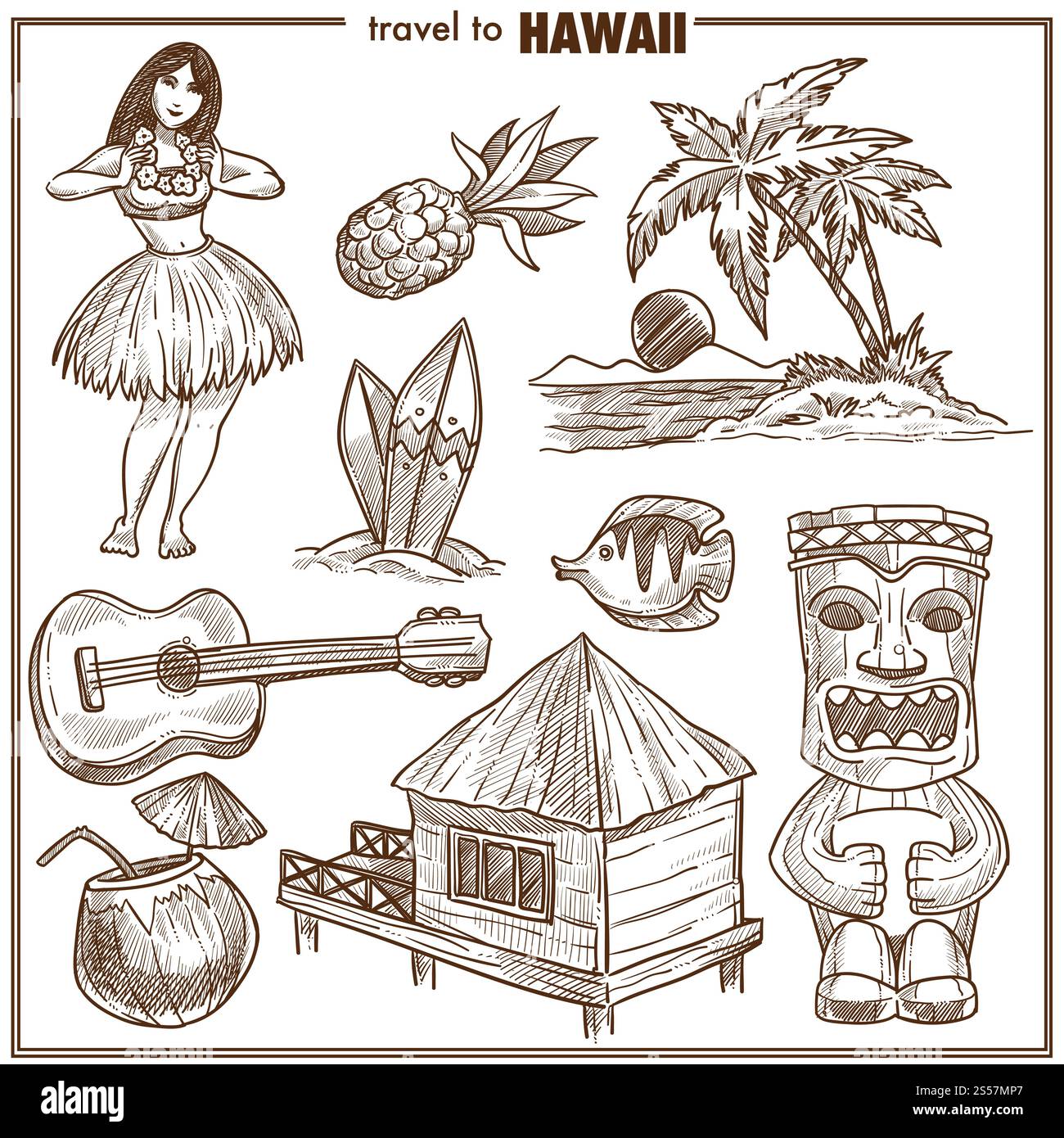 Hawaii travel famous sketch symbols and tourist attraction landmarks or ...