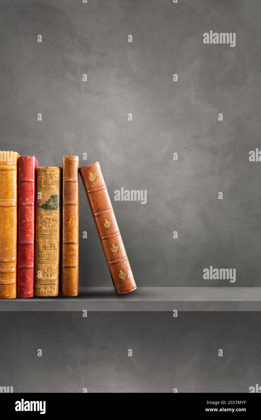 Row of old books on grey shelf. Vertical background scene. Row of old ...
