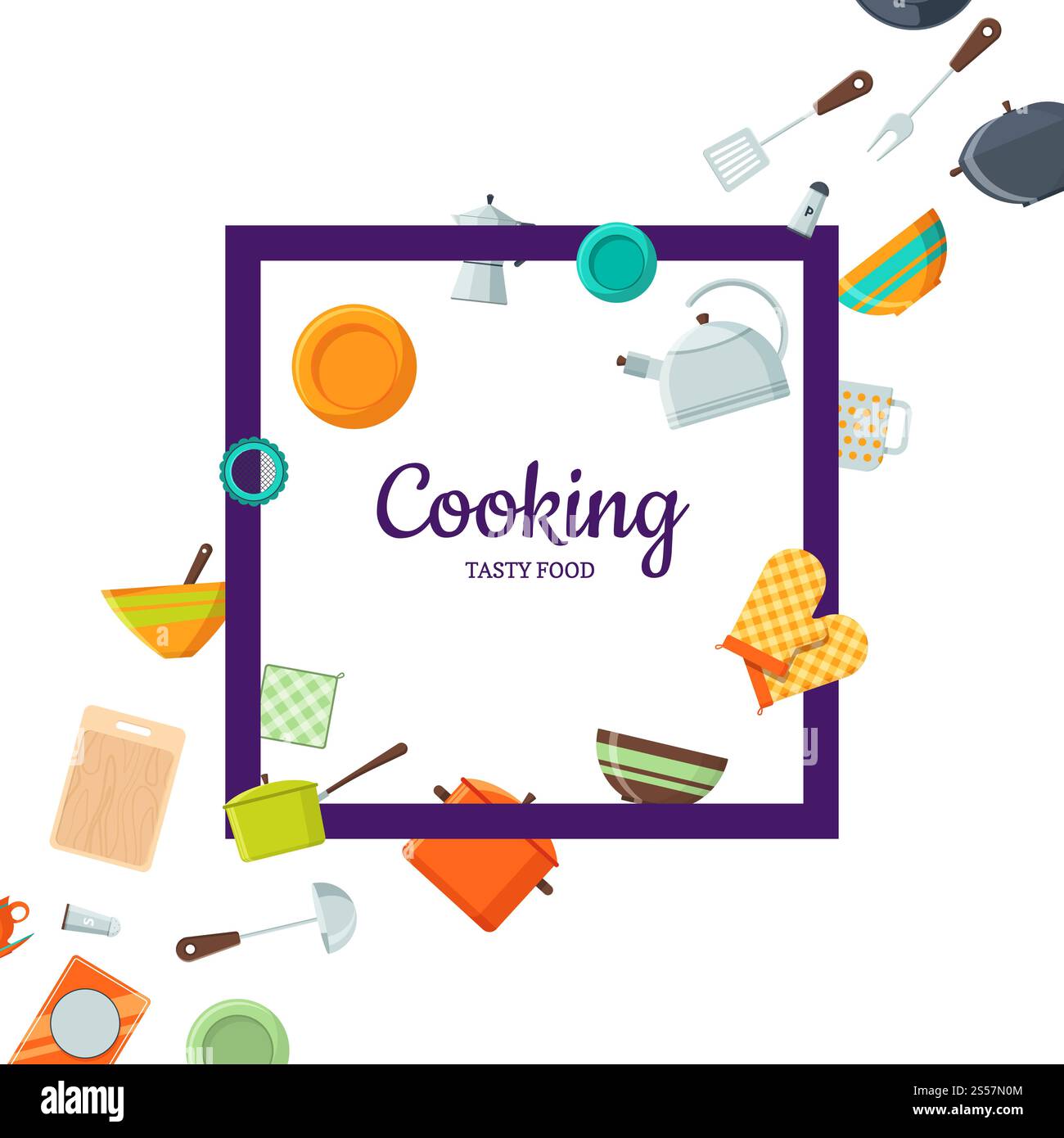 Vector kitchen utensils flat icons flying through frame with place for ...