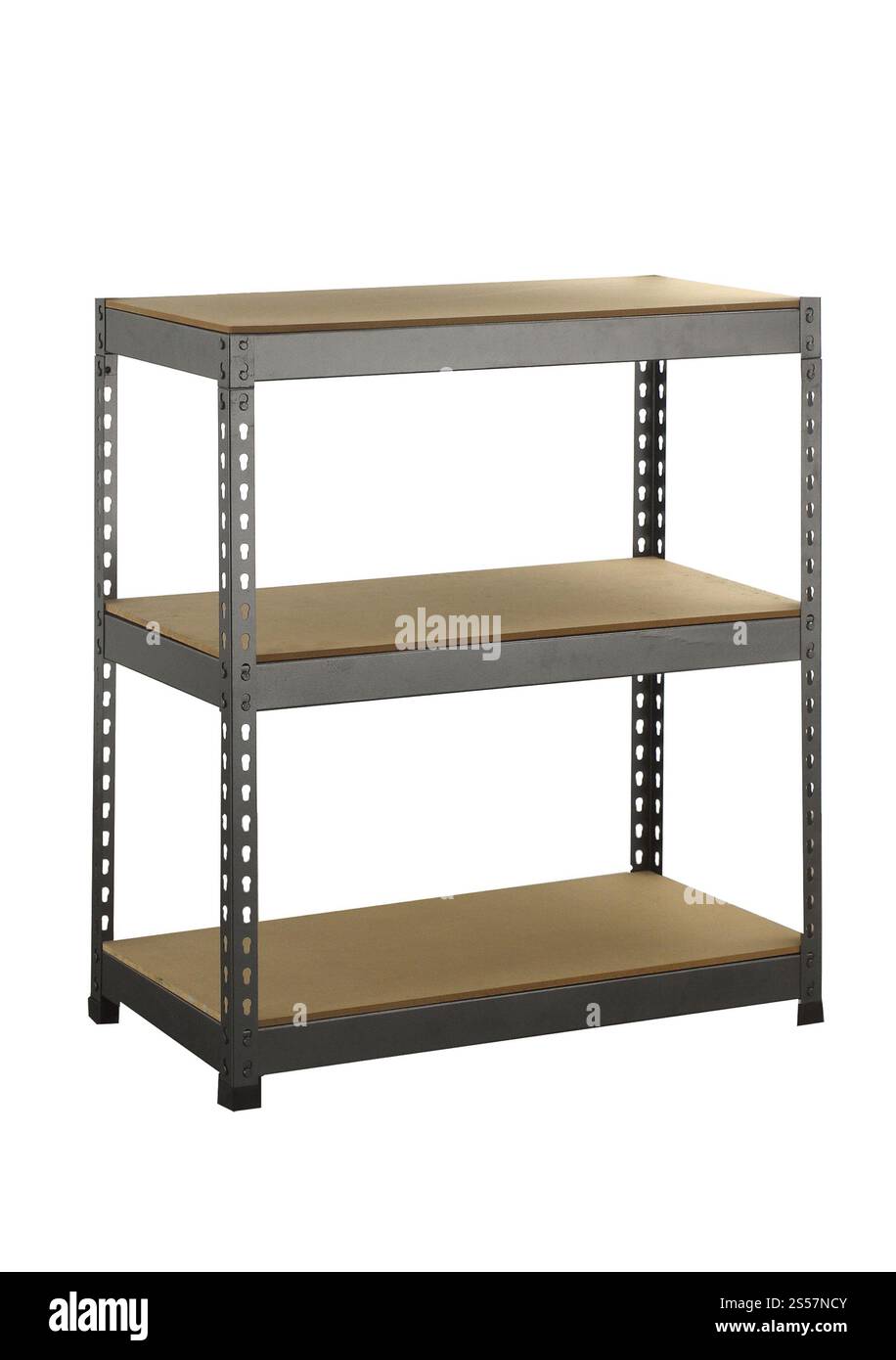 Metal industrial storage shelves isolated on white background. Metal ...