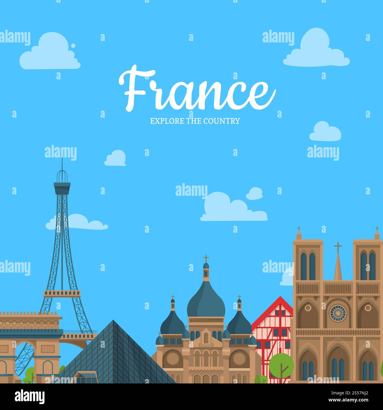 Vector cartoon France sights and objects background with place for text ...