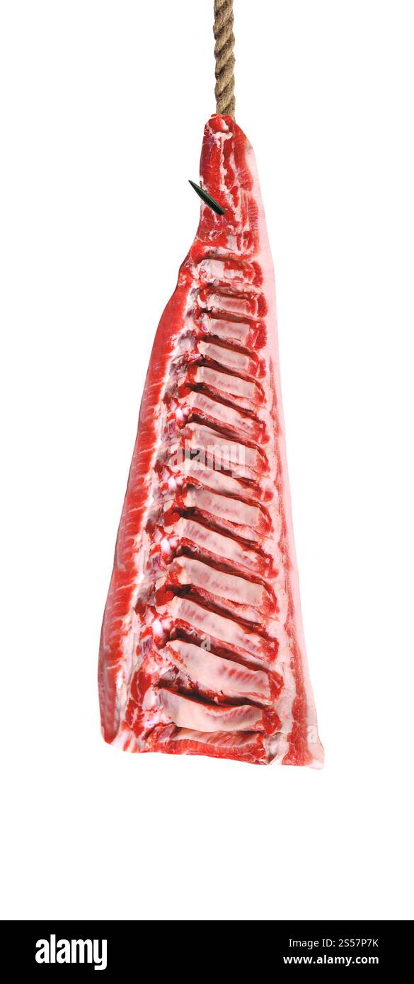 Meat is hanging on hook isolated on white background. Meat is hanging ...