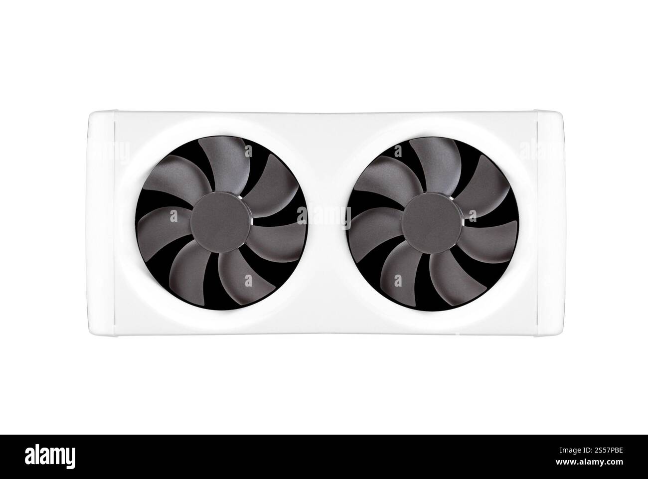 Two cooling fans in a dual-fan bracket isolated on white background ...