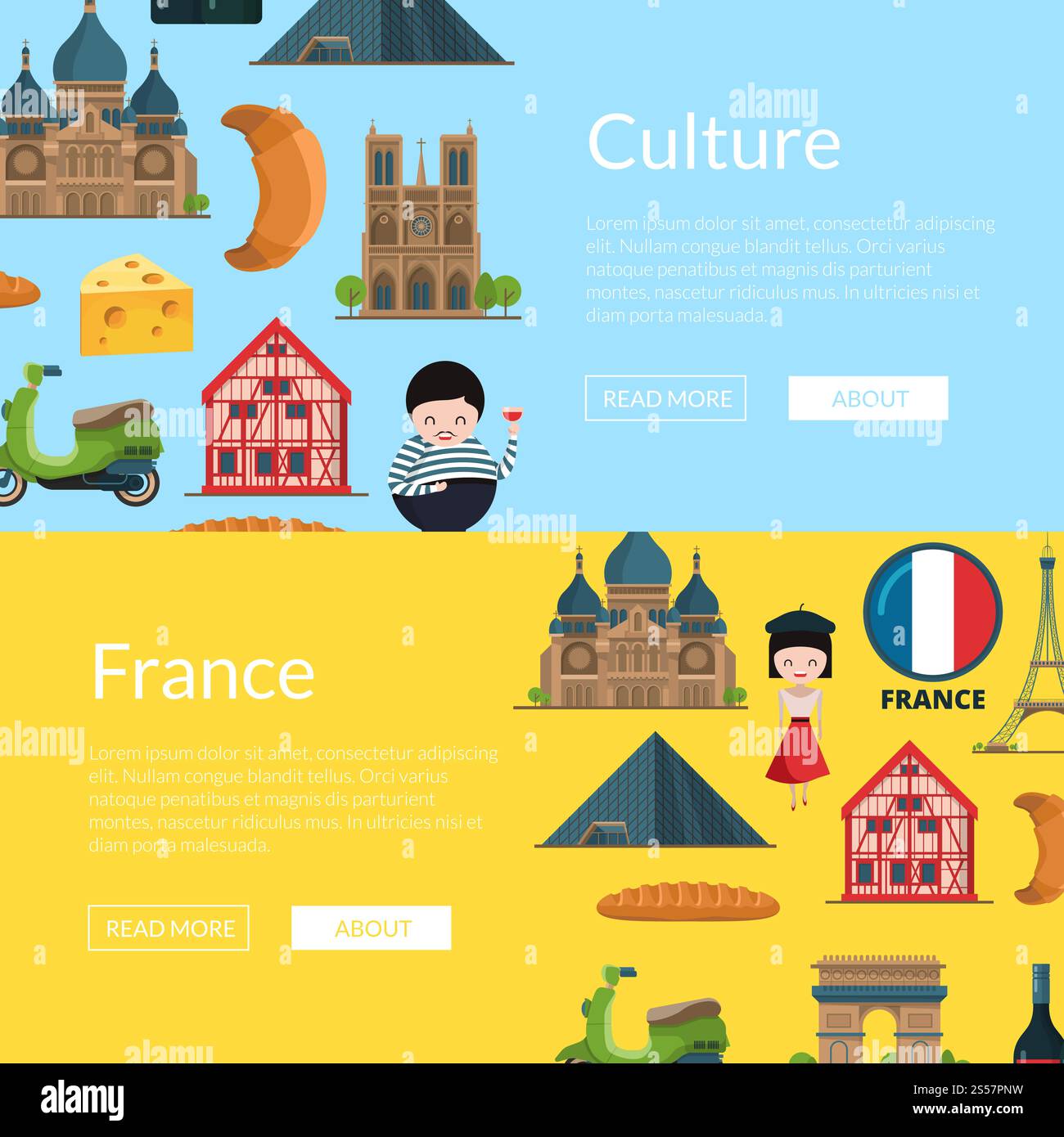Vector cartoon France sights and objects horizontal web banners ...
