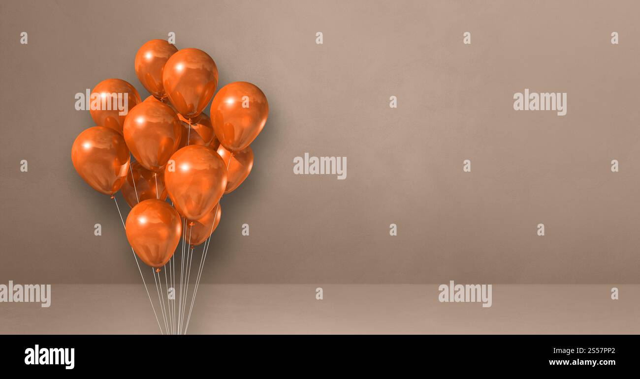 Orange balloons bunch on a beige wall background. Horizontal banner. 3D ...