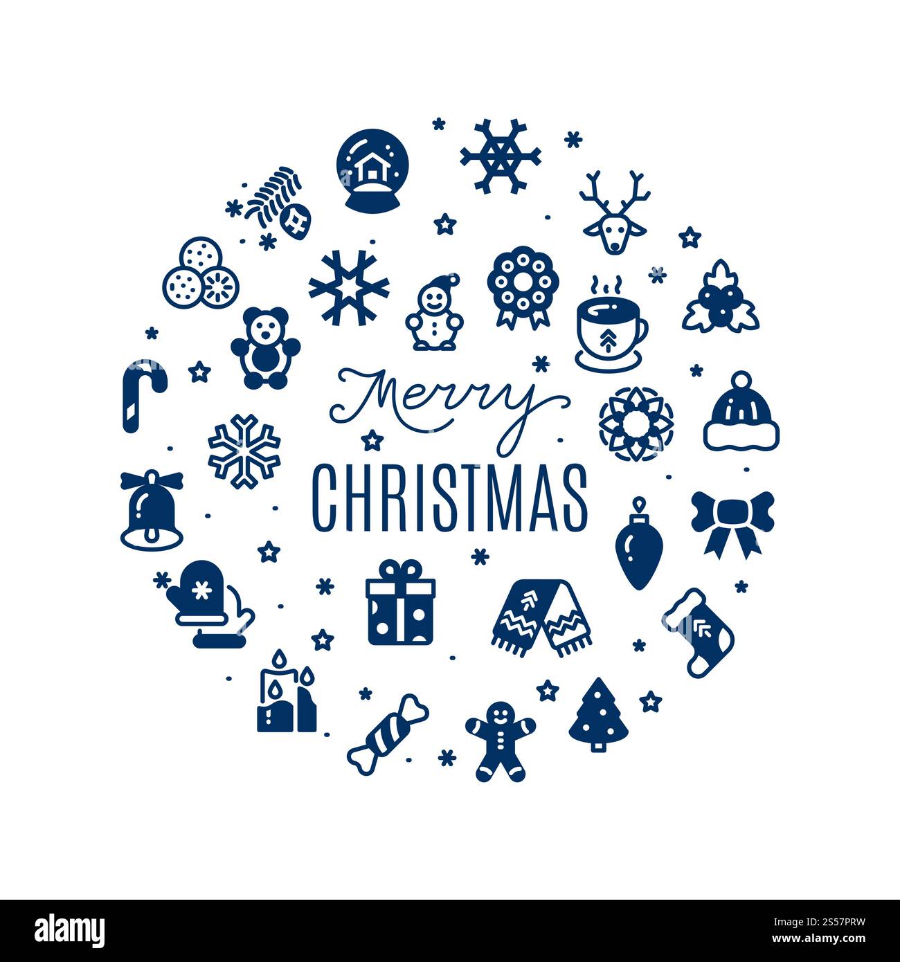 Round vector banner Merry Christmas with festive icons silhouettes ...