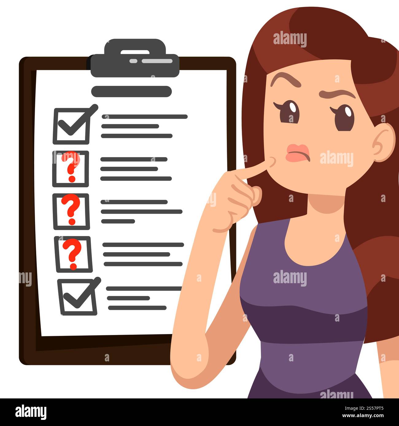 Testing woman. Cartoon character girl thinks about her checklist. Bad ...