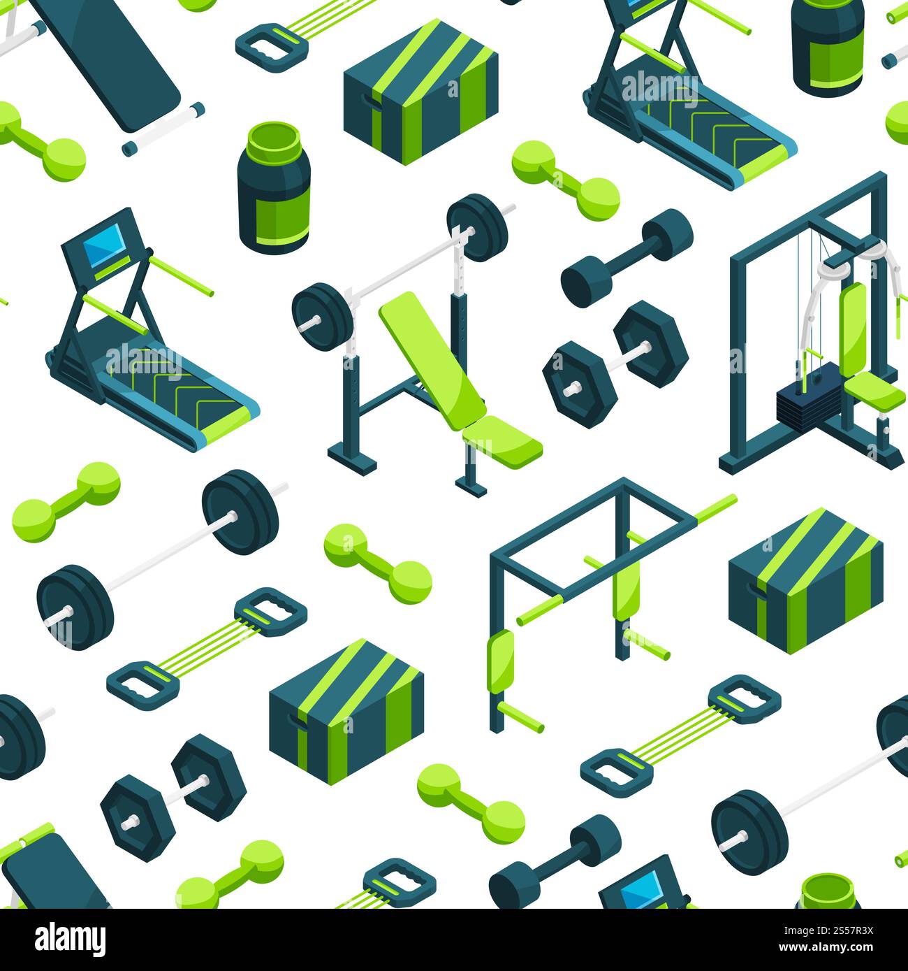 Vector isometric gym objects background or pattern illustration. Equipment training, dumbbell ...