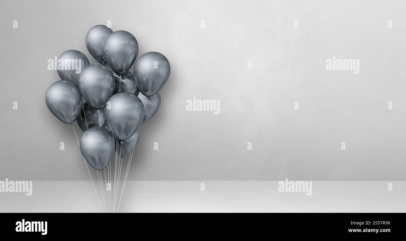 Silver balloons bunch on a white wall background. Horizontal banner. 3D ...