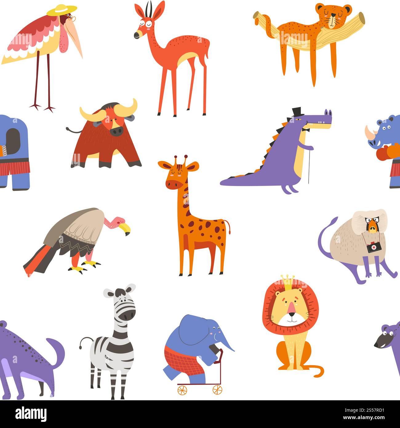 Animals seamless pattern, lion and zebra, macaque and elephant vector ...