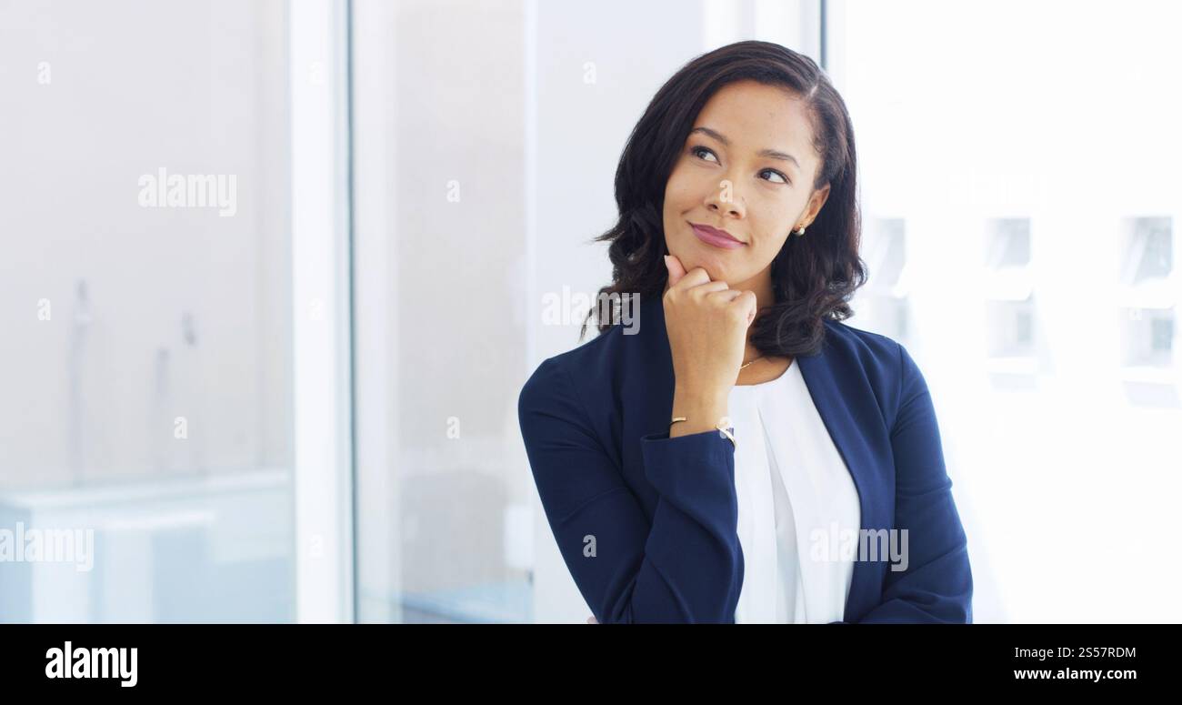 Woman, lawyer and thinking in office, professional justice and ...