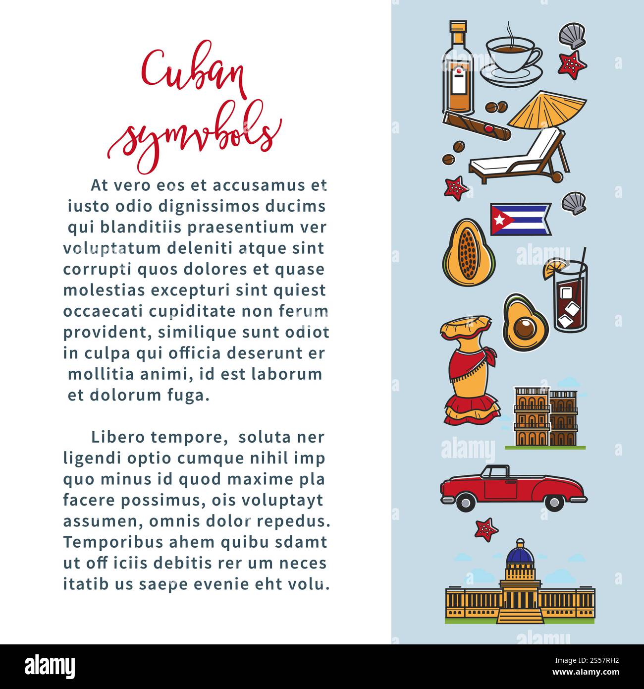 Cuba travel poster with information on Cuban culture famous symbols and ...