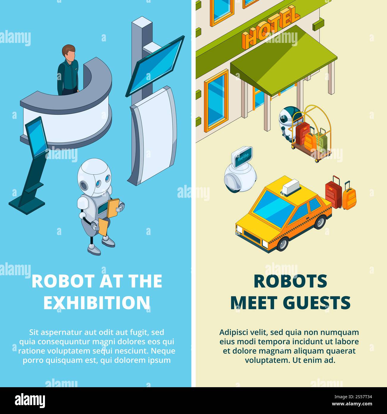 Concept illustrations with various robots assistant. Robot help to ...