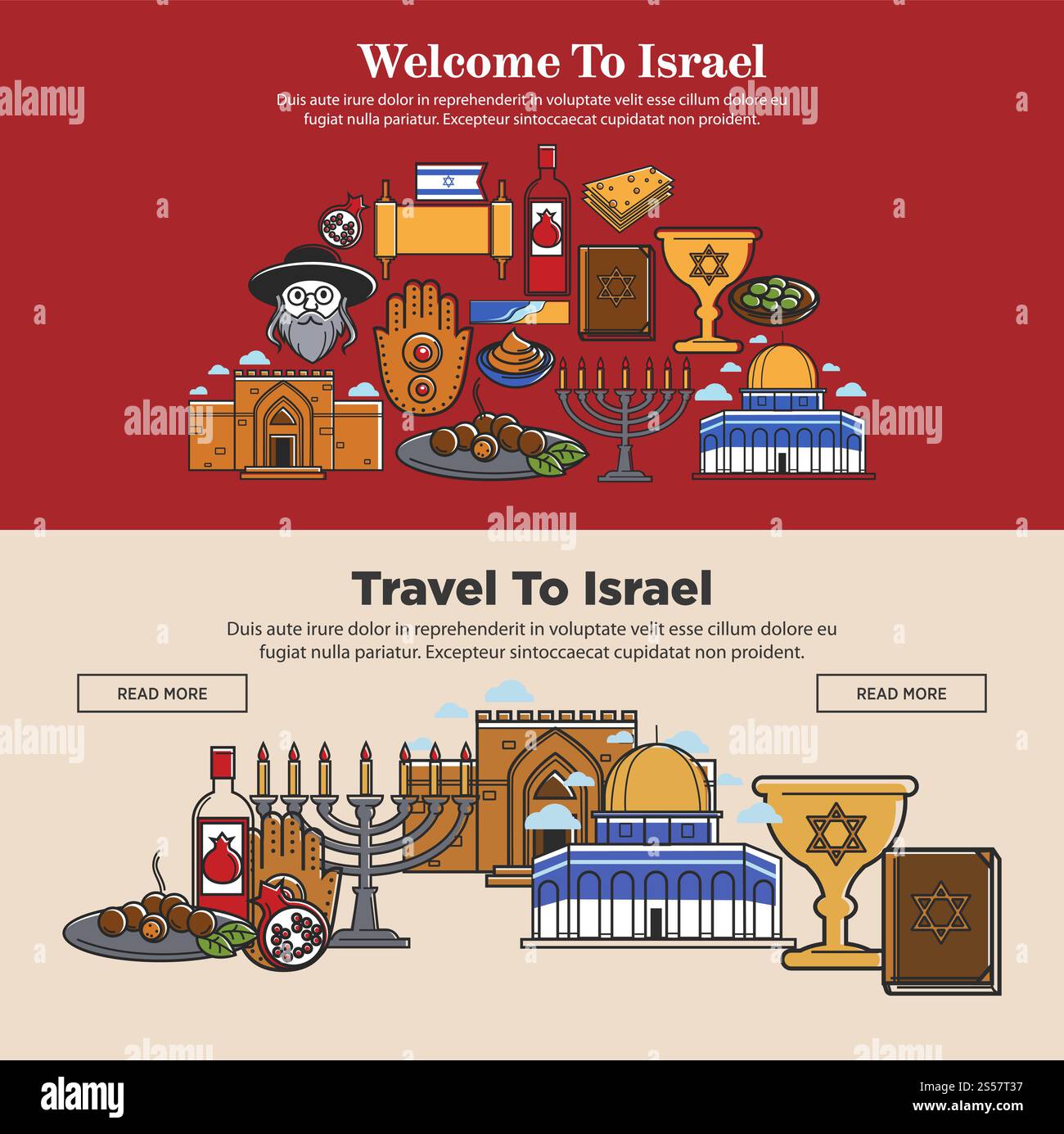 Welcome to Israel promo banners set with national symbols. Religion ...