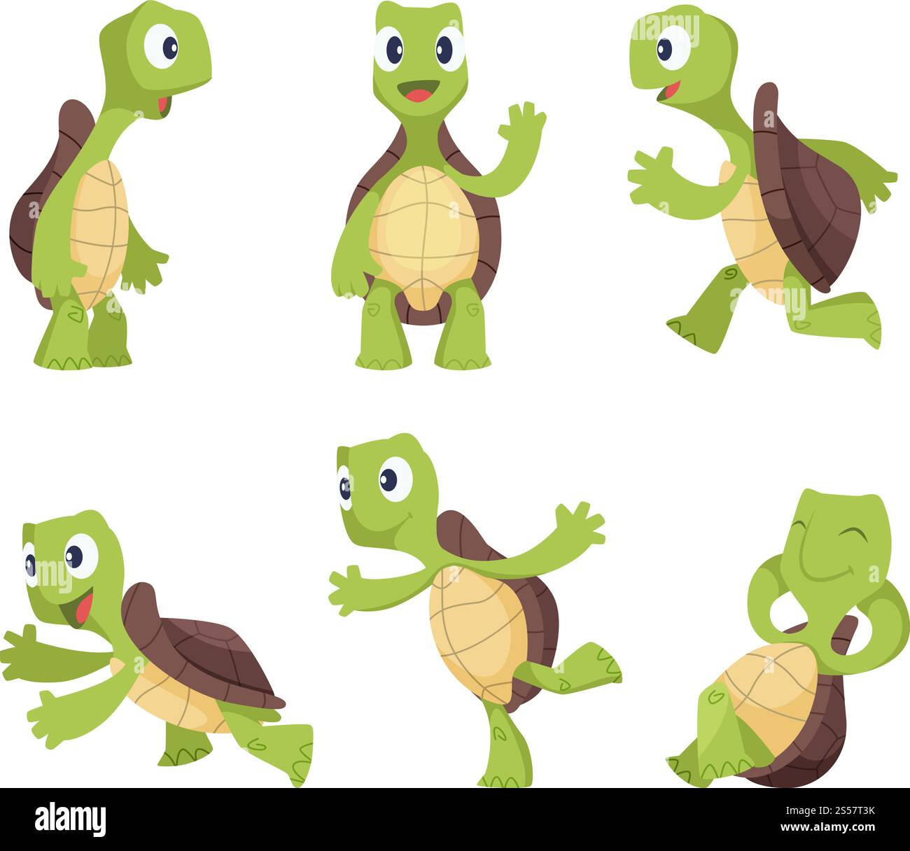 Funny cartoon characters of turtles in various poses. Turtle happy ...