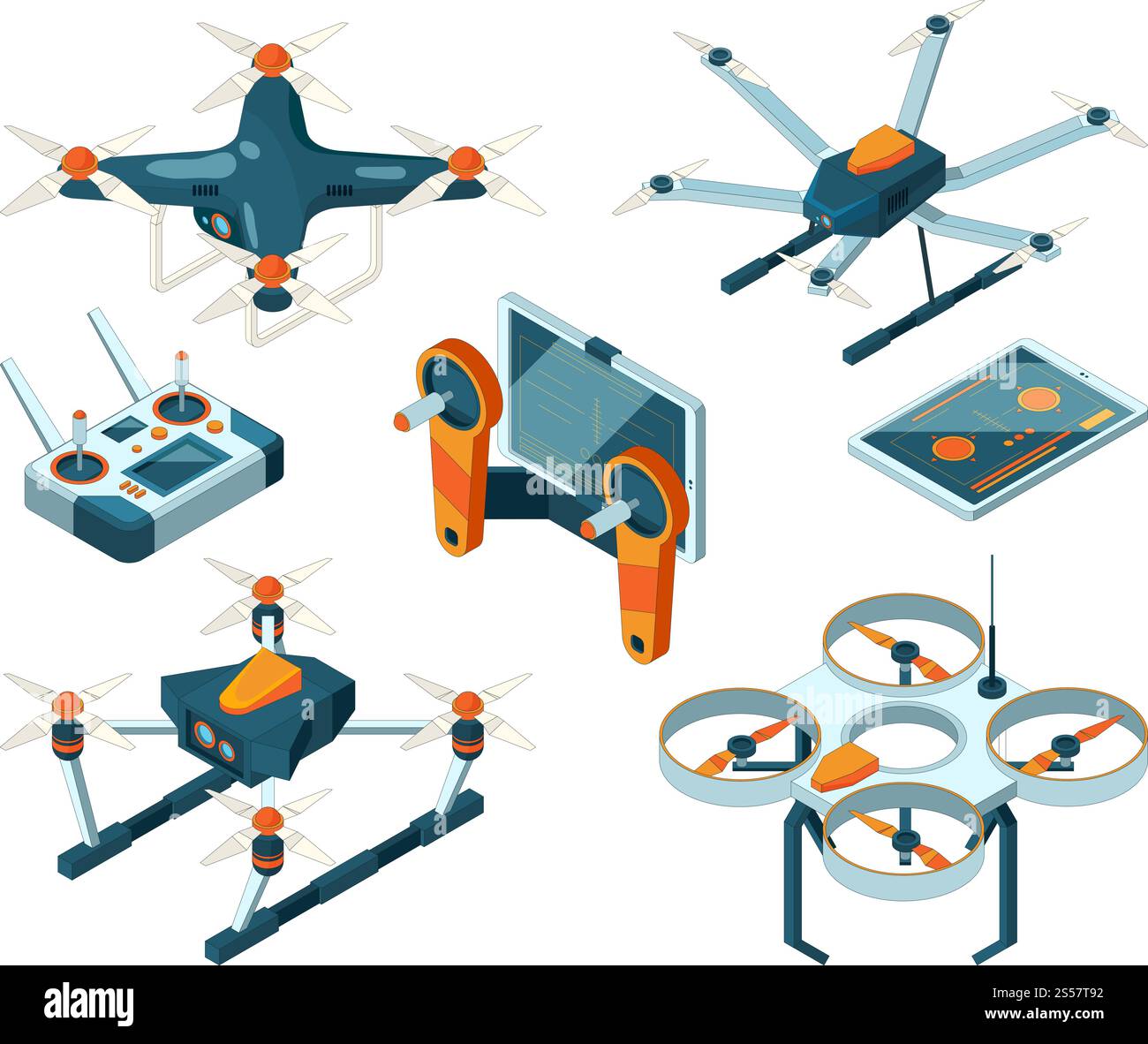 Different isometric illustrations of drones and quadcopters. Vector air ...