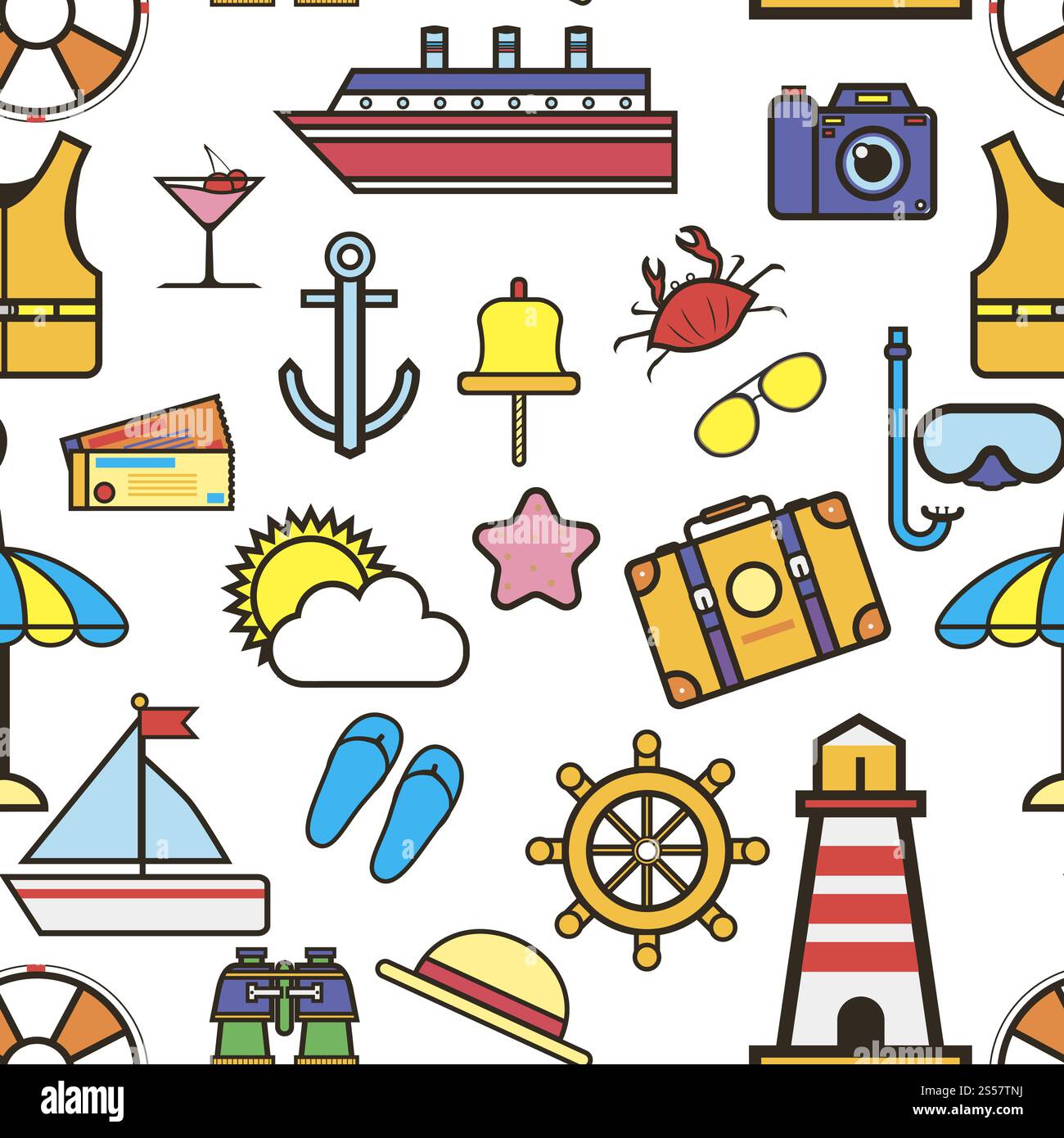 Holiday rest by seaside items seamless pattern vector. Ship and ...