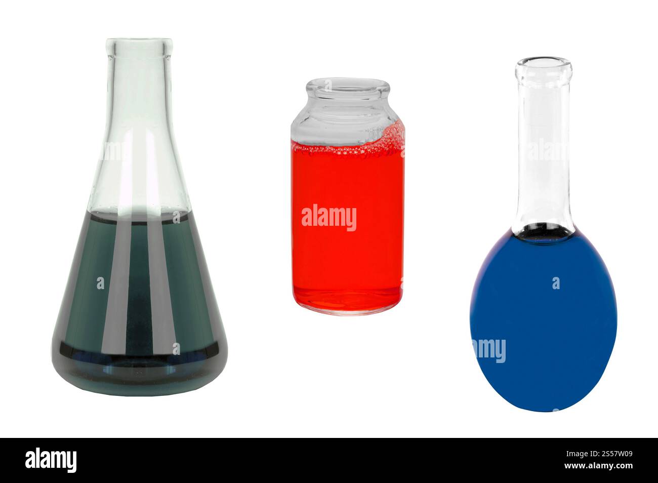 Chemical laboratory flasks with liquid isolated on white background ...