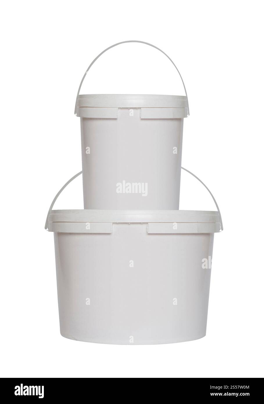Two white plastic buckets isolated on white background. Two white ...