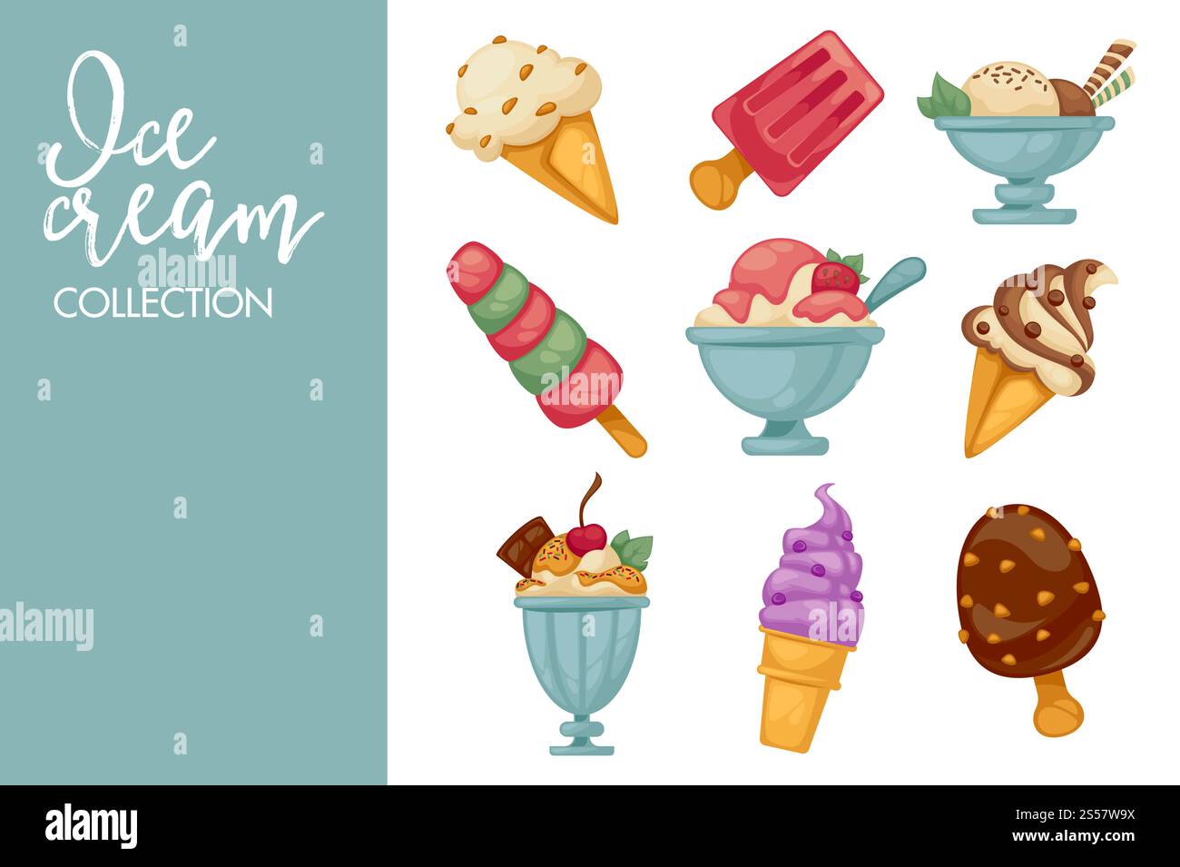 Ice cream scoops in wafer cones cartoon icons. Vector fruit and berry ...