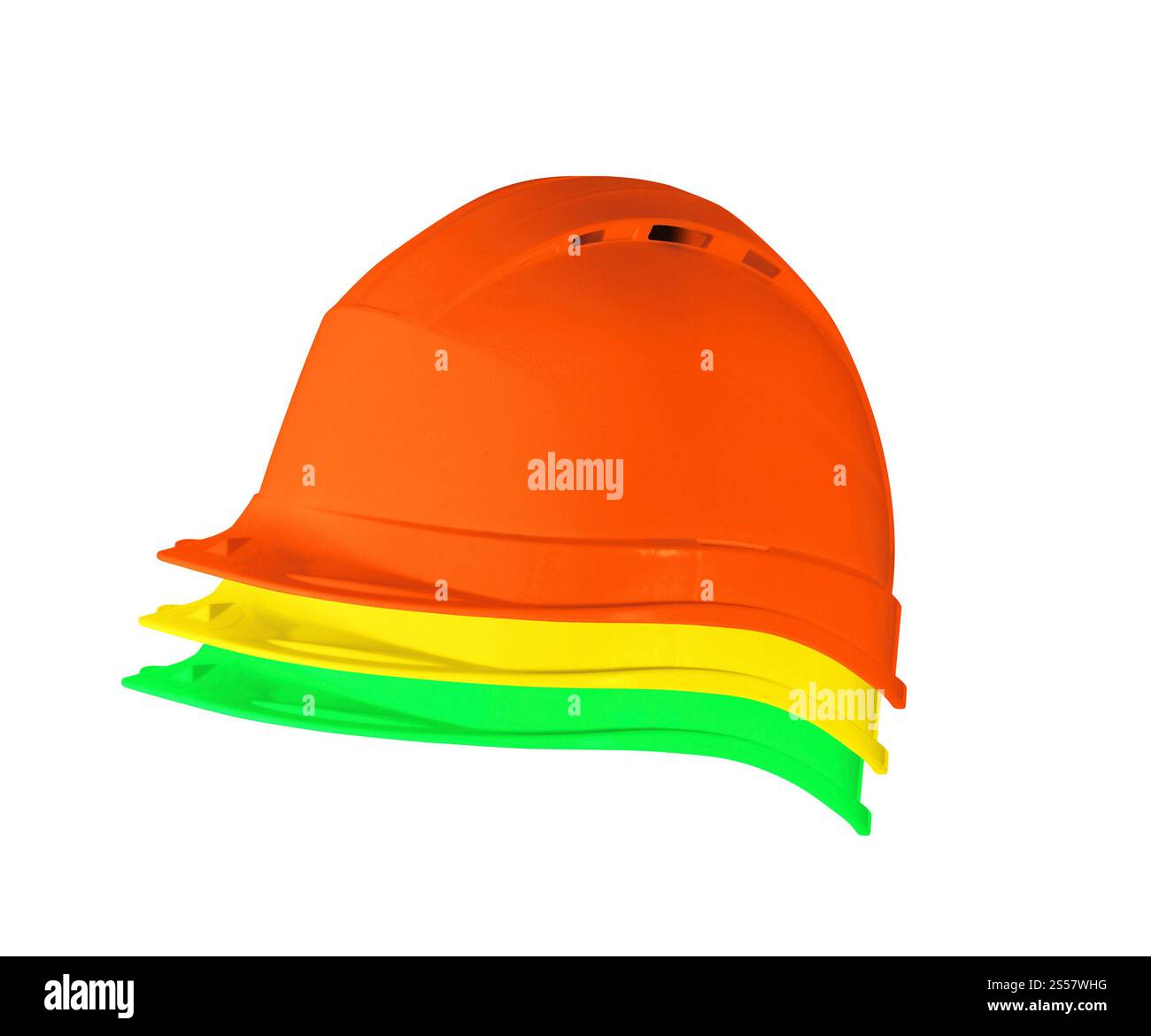 Yellow, red, and green safety helmets on white background. Yellow, red ...