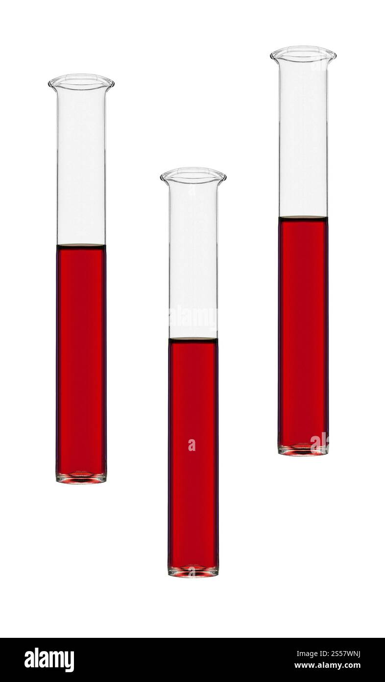 three test-tubes with red liquid isolated on white background. three ...