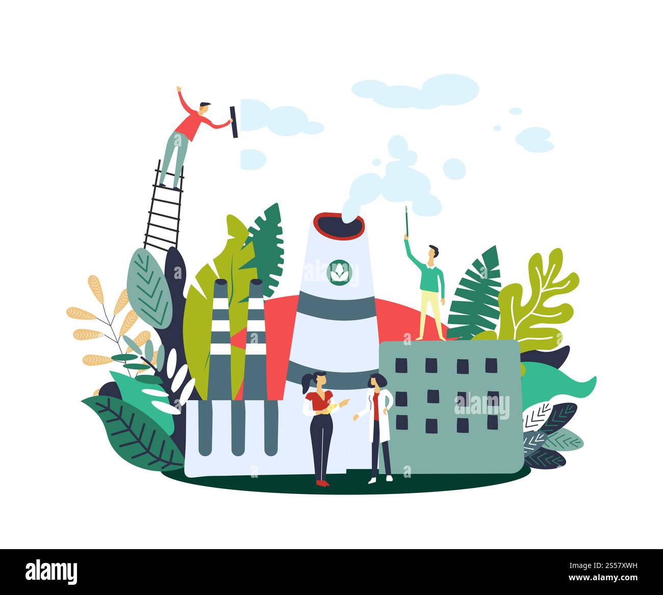 Gas emissions reduction people on eco factory caring for ecology of ...