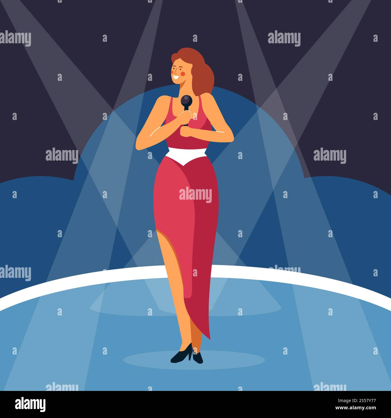 Woman singing sing with microphone standing on stage. Vector pop star ...