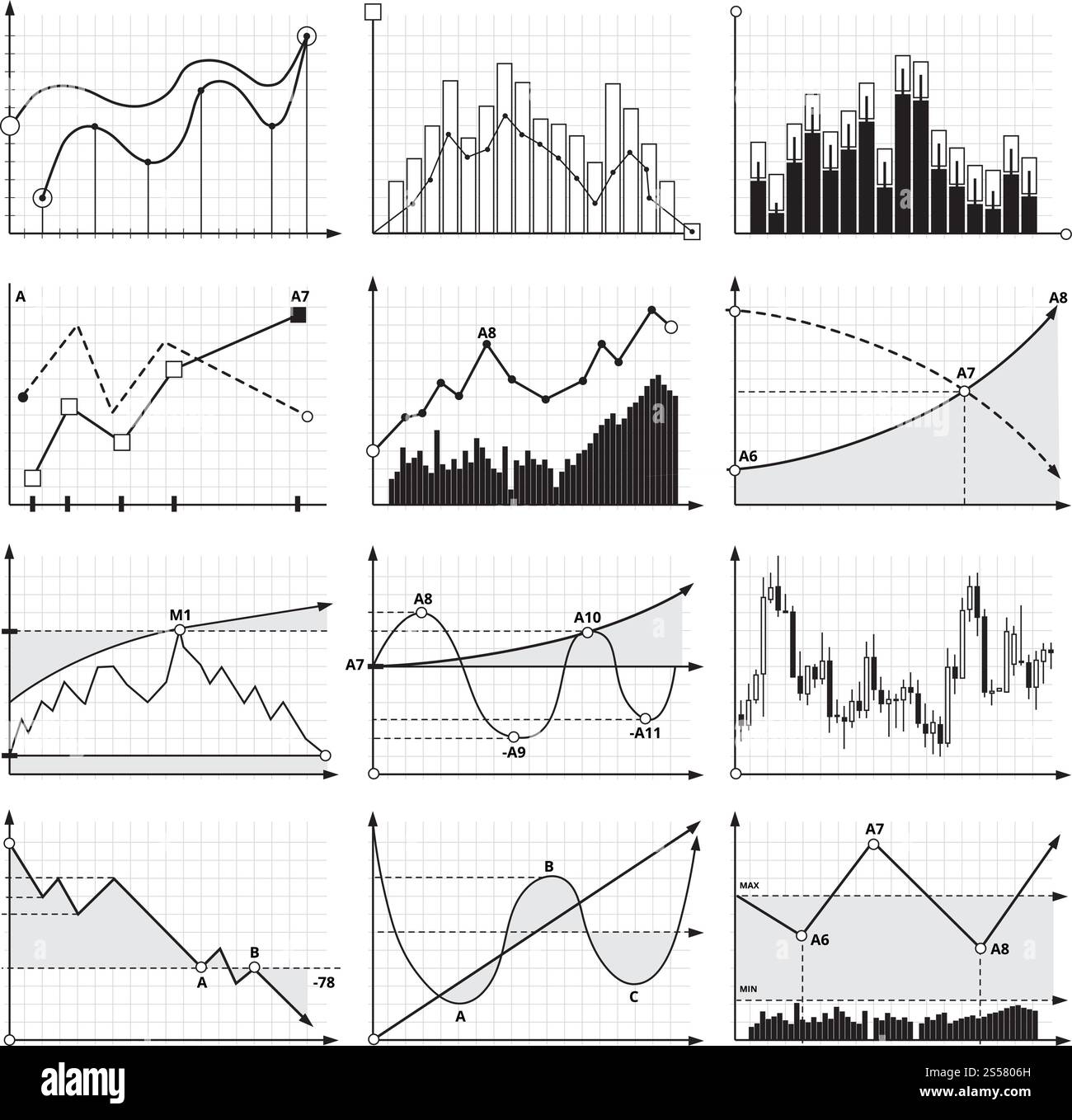 Finance charts and business graphics. Analysis diagrams. Vector ...