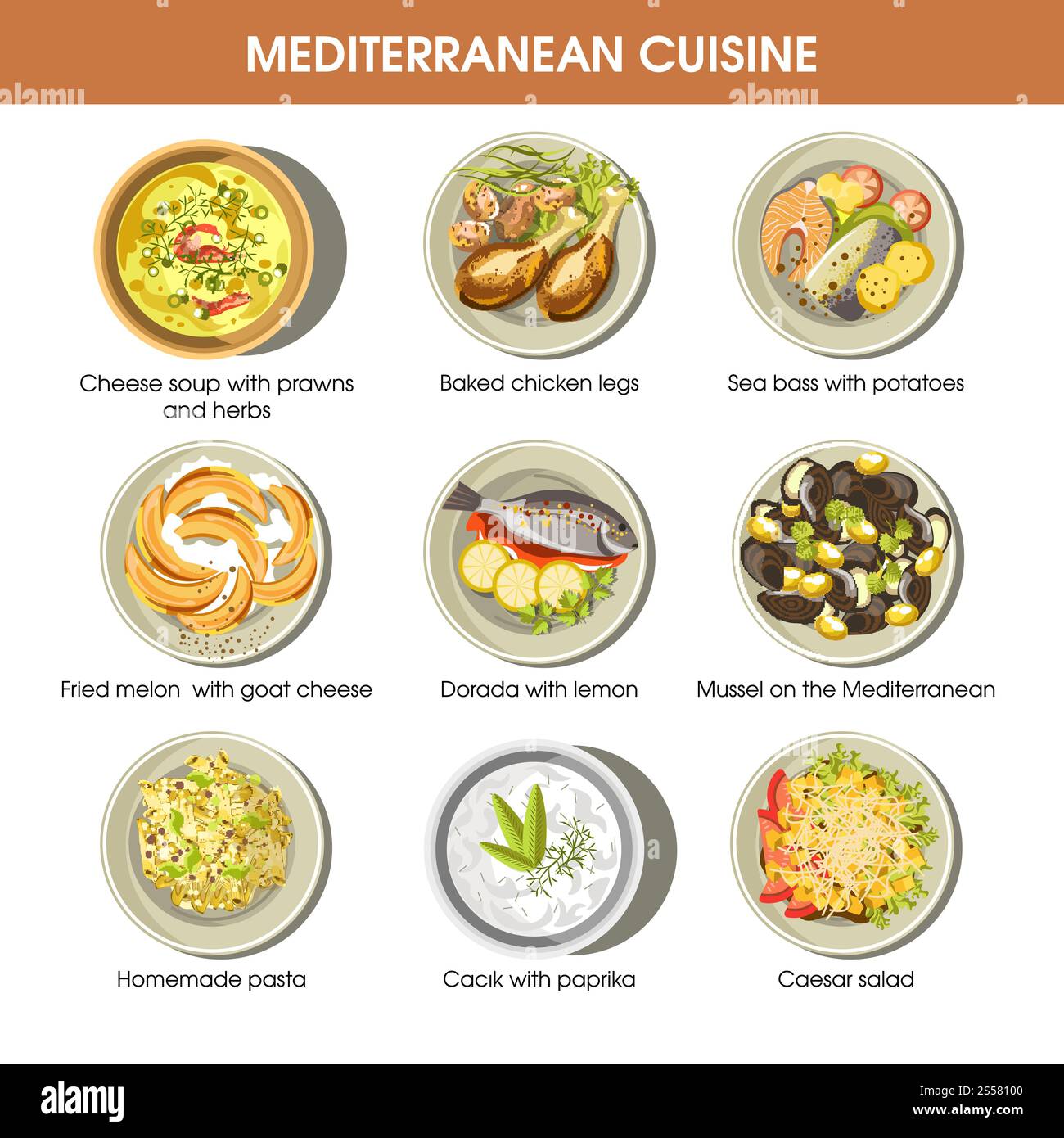 Mediterranean food cuisine for restaurant menu. Traditional seafood ...