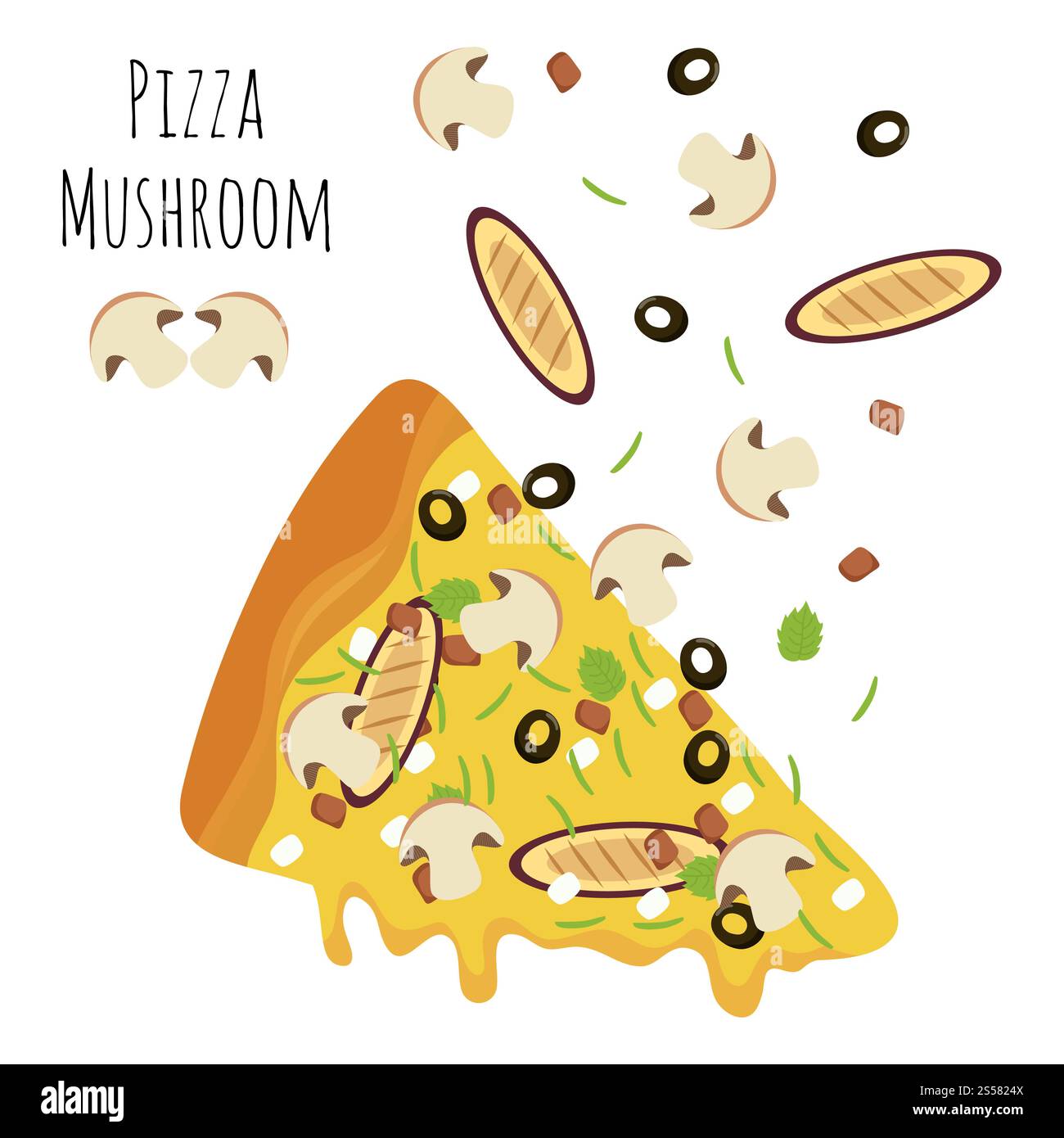 Italian mushroom pizza slice with falling isolated ingredients. Vector ...