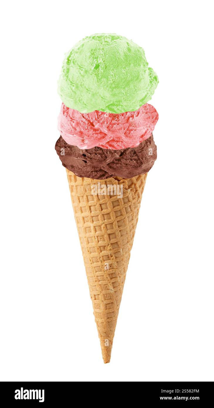 Three different flavor ice cream scoops isolated on white background ...