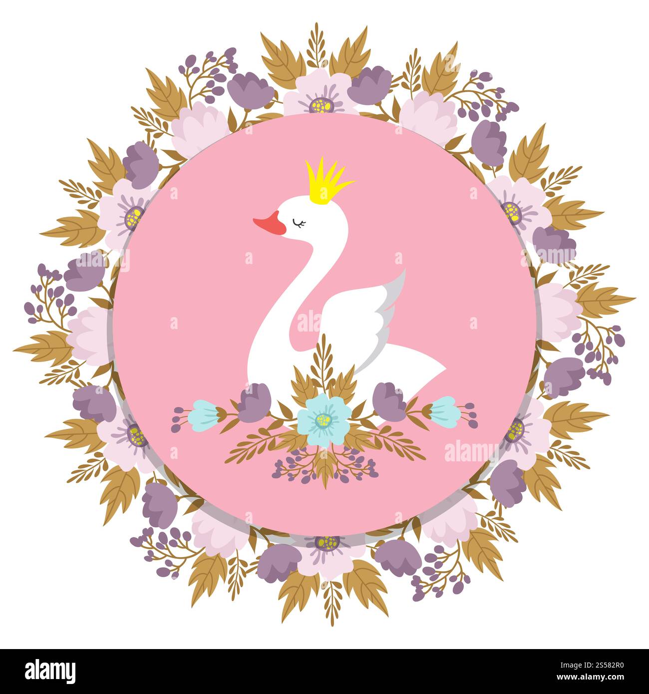 Round banner with vector princess swan and floral elements illustration ...