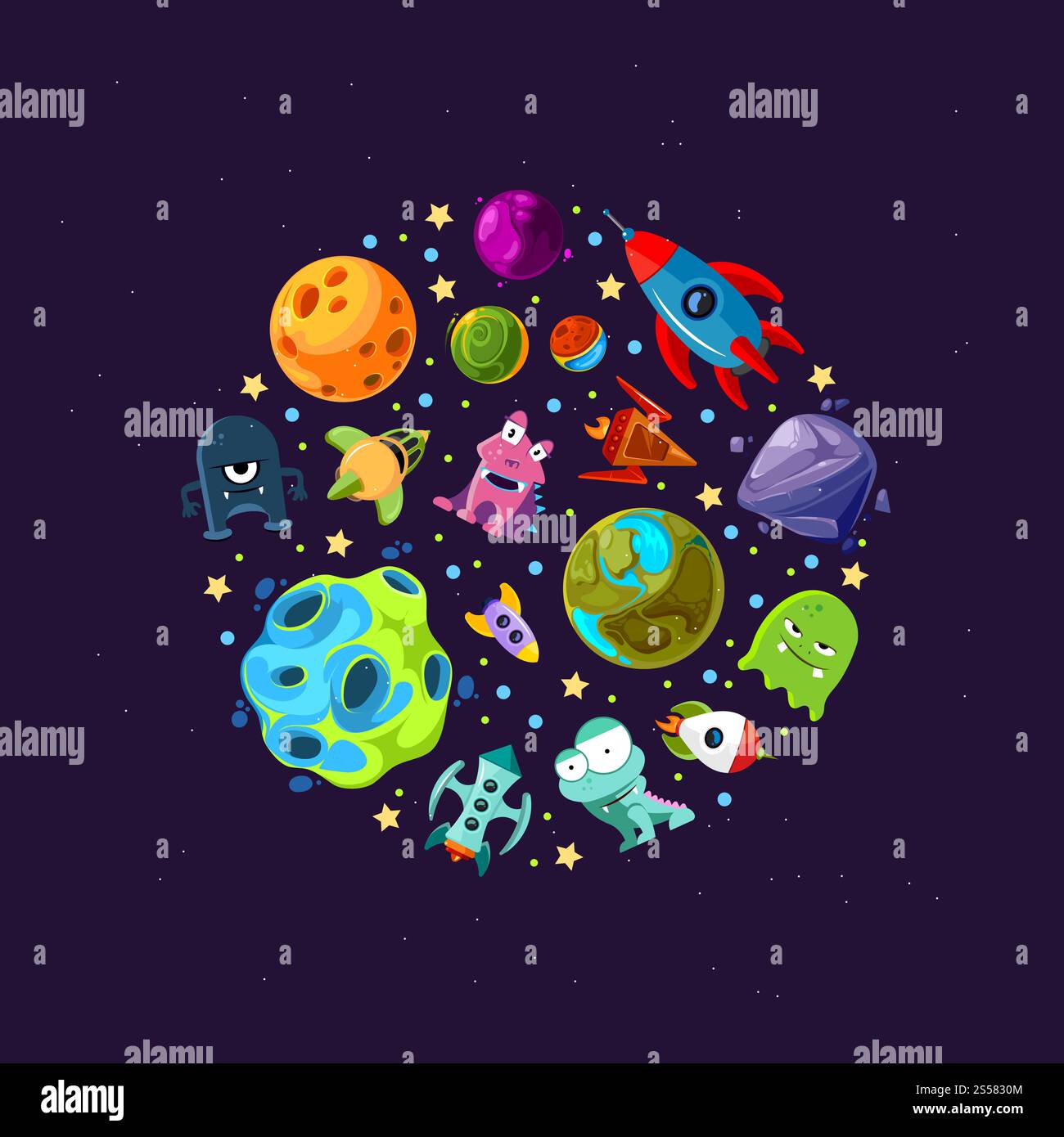 Vector cartoon space planets and ships gathered in circle illustration ...