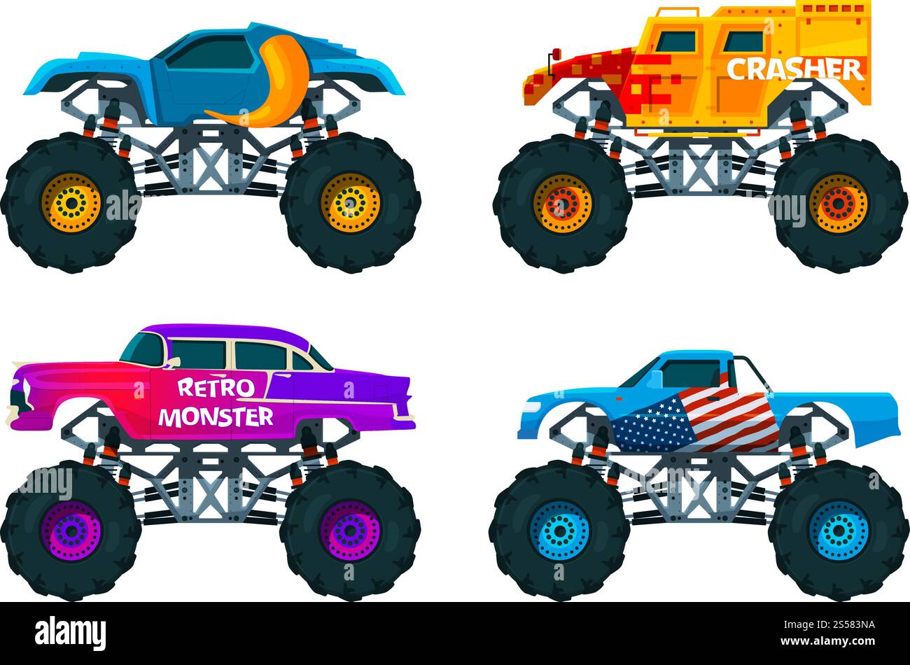 Van 4x4 with big wheels. Vector pictures of monster trucks. Auto motor ...