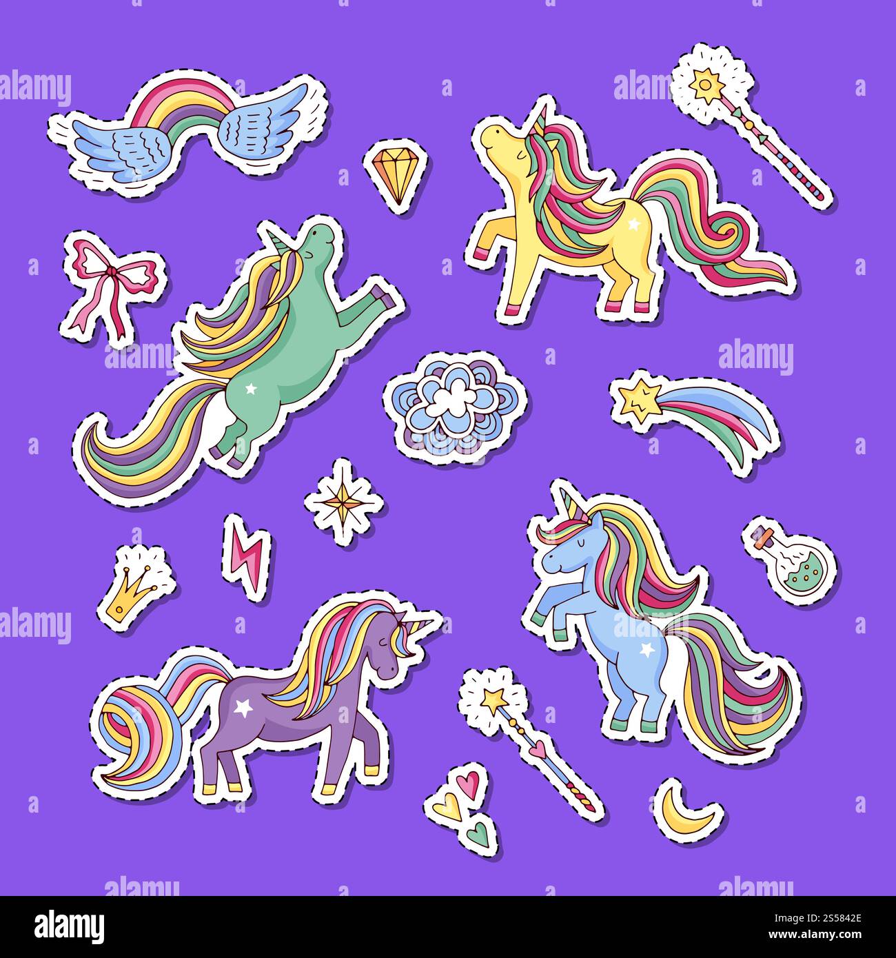 Vector cute hand drawn magic unicorns and stars stickers set ...