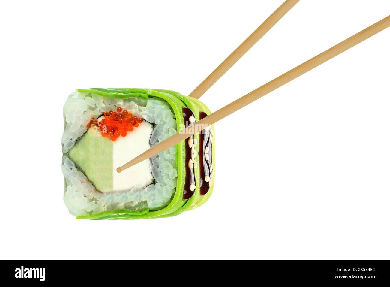 chopsticks holding sushi roll on white background Stock Photo - Alamy