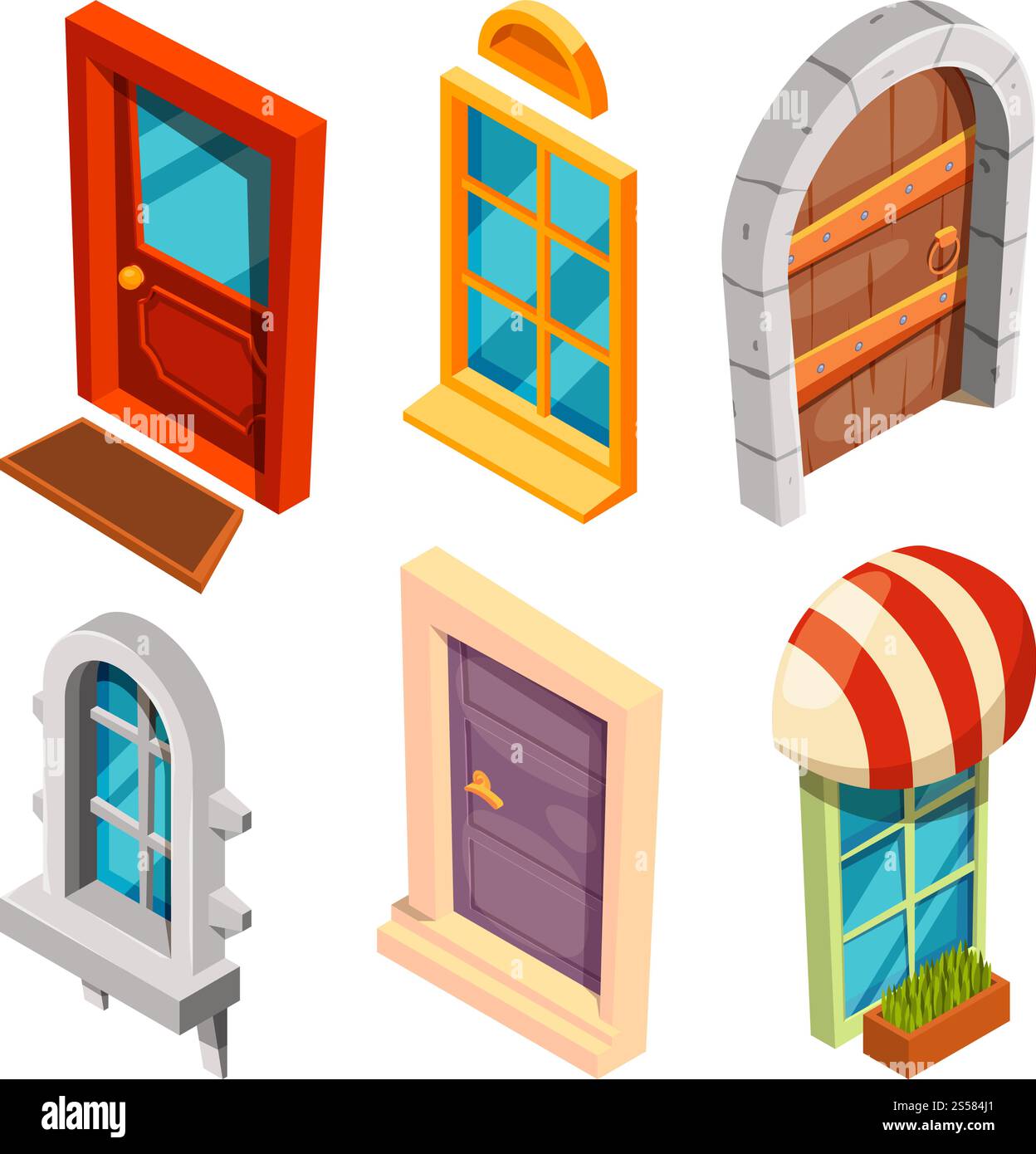 Isometric doors and windows. Vector architecture entrance, modern ...