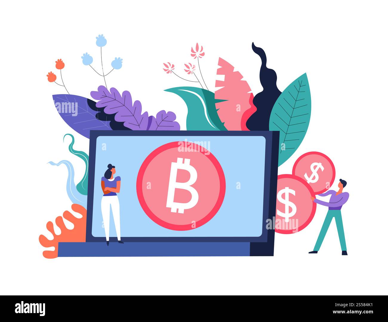 Bitcoin logo, cryptocurrency on laptop screen and people vector ...