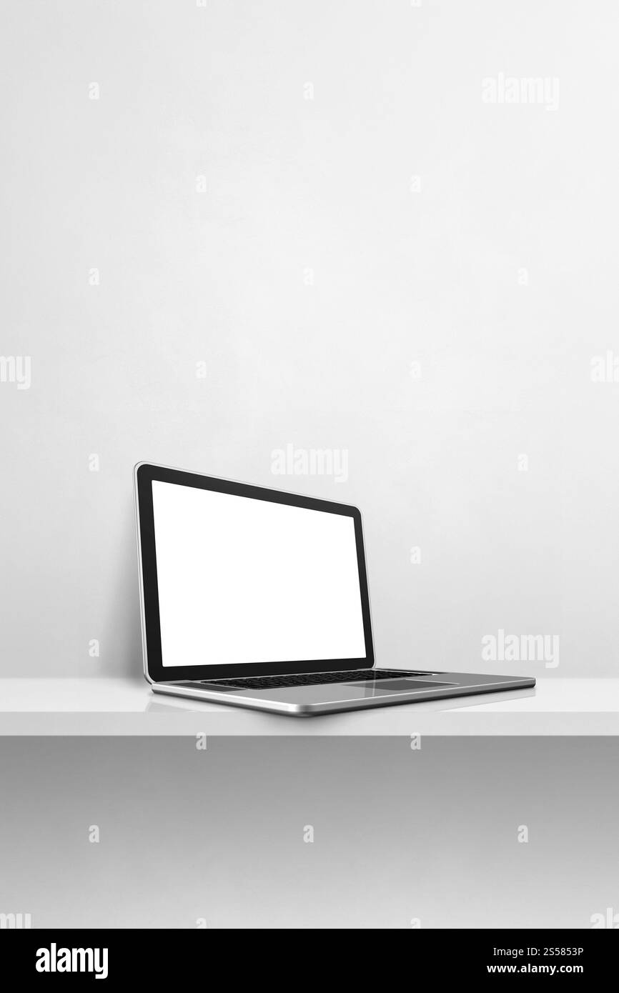 Laptop computer on white concrete shelf. Vertical background. 3D ...