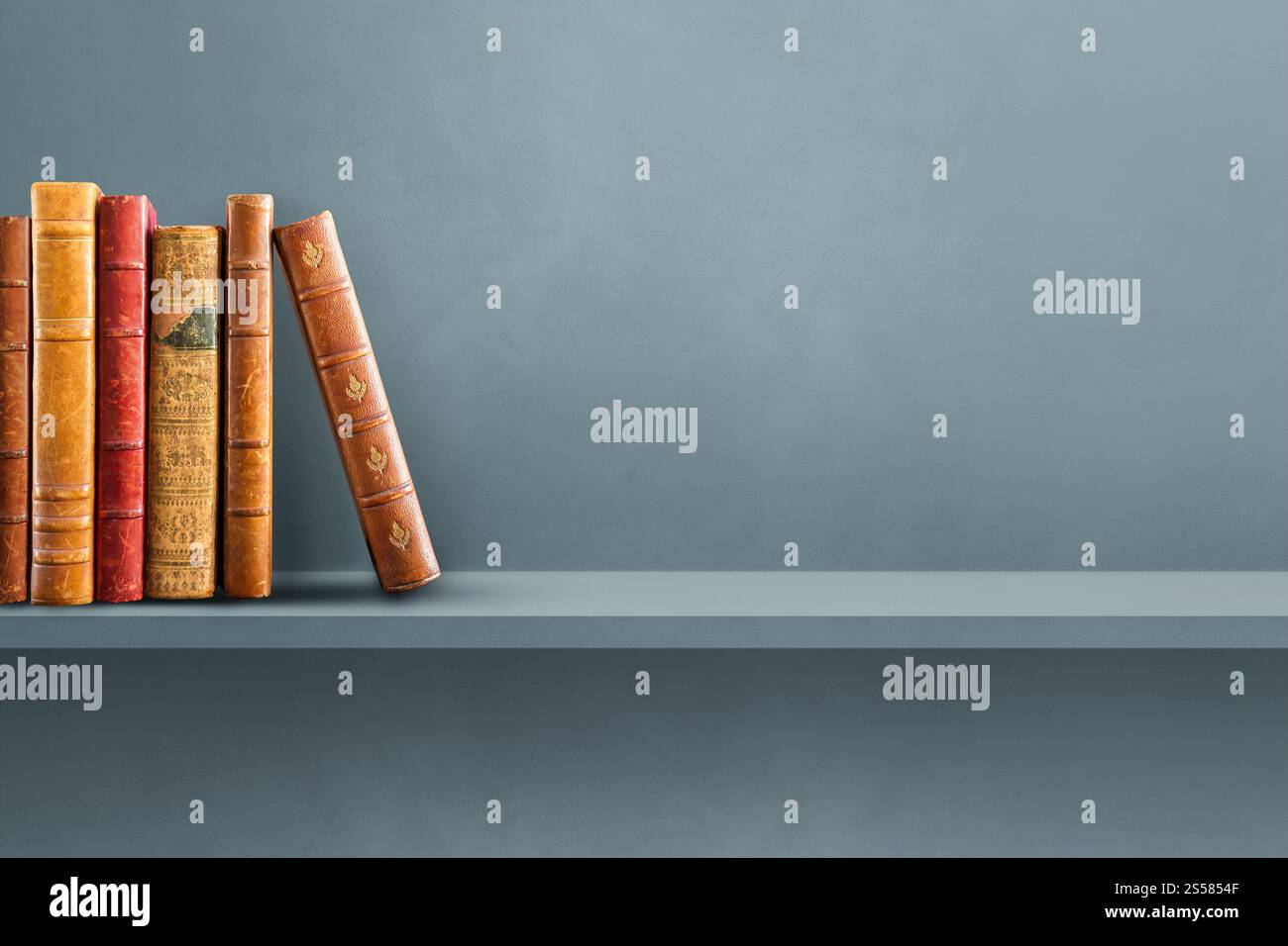 Row of old books on grey shelf. Horizontal background scene. Row of old ...