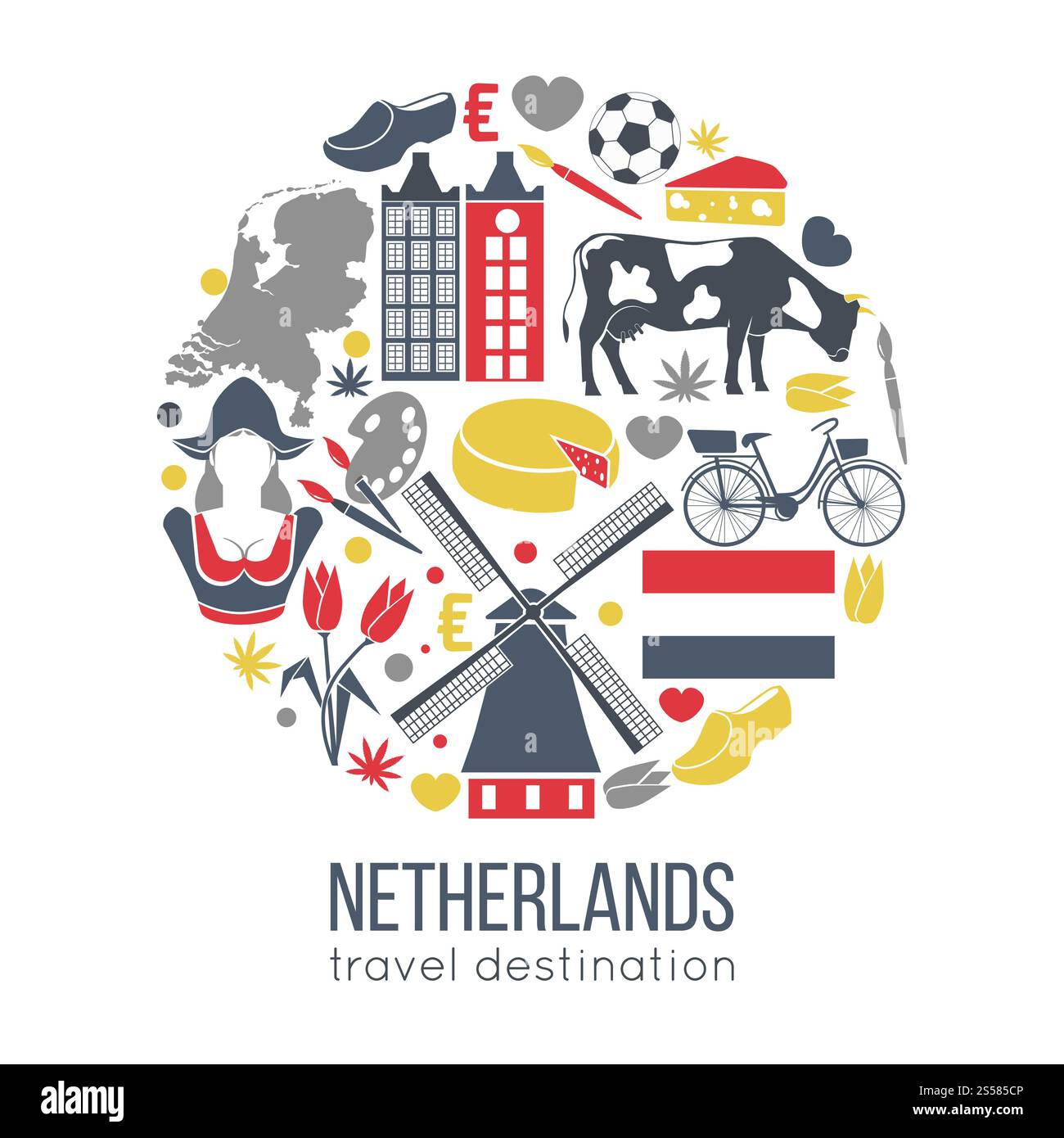 Netherlands travelling sketch for tourists of traditional symbols in ...