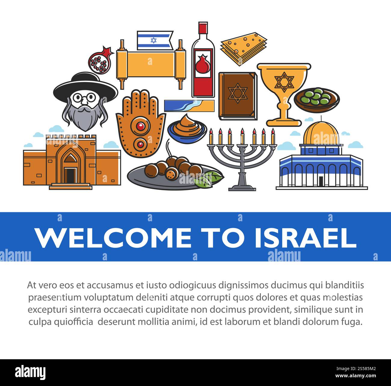 Israeli symbols promo banner with cultural elements set. Religious ...
