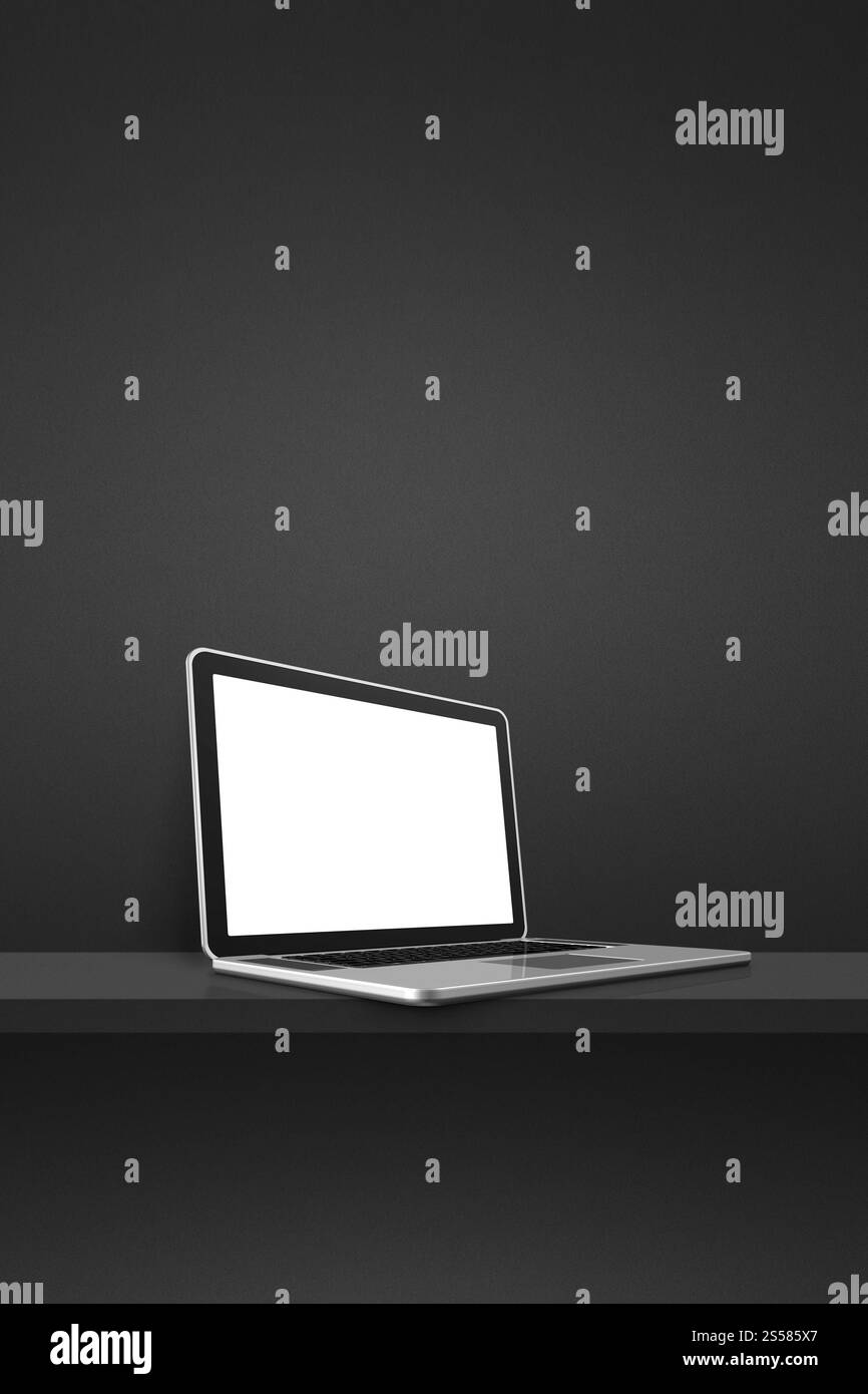 Laptop computer on black shelf. Vertical background. 3D Illustration ...