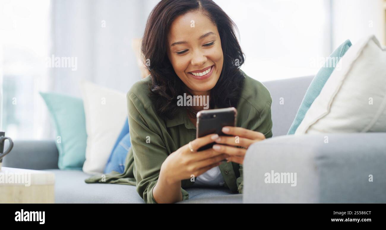 Happy, browsing and woman with smartphone, relax and funny videos on ...