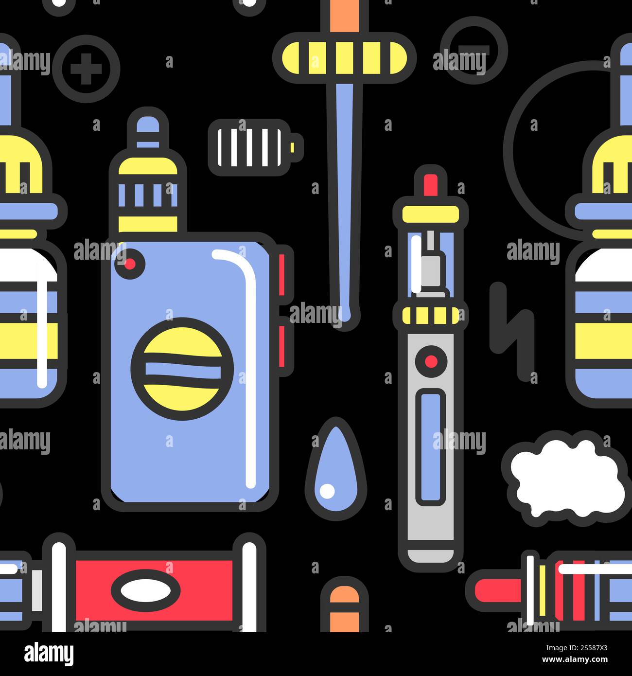 Vape devices and accessories with flavored steam seamless pattern. Alternative smoking tools and ...