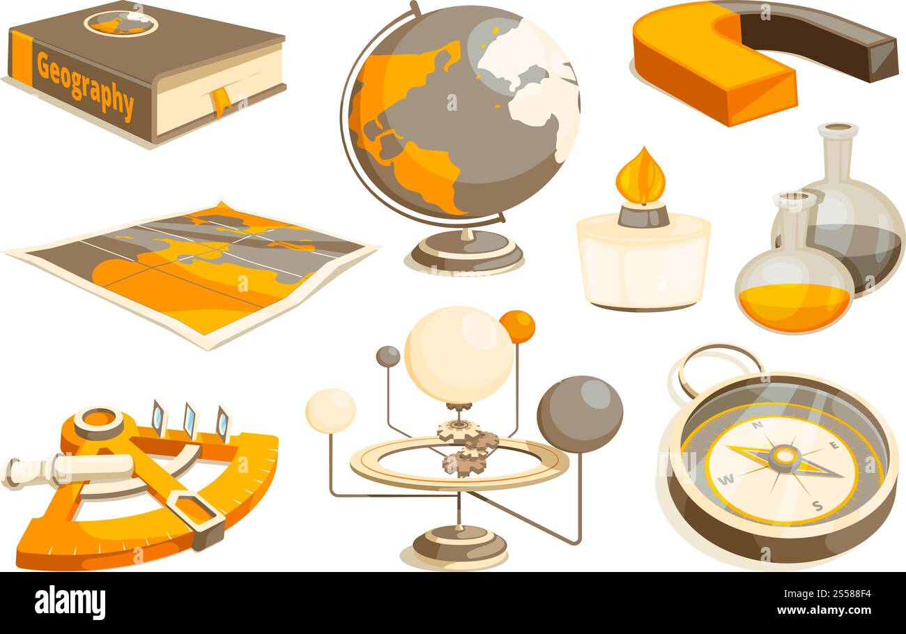 Symbols of science and geography. Tools for laboratory. Vector ...