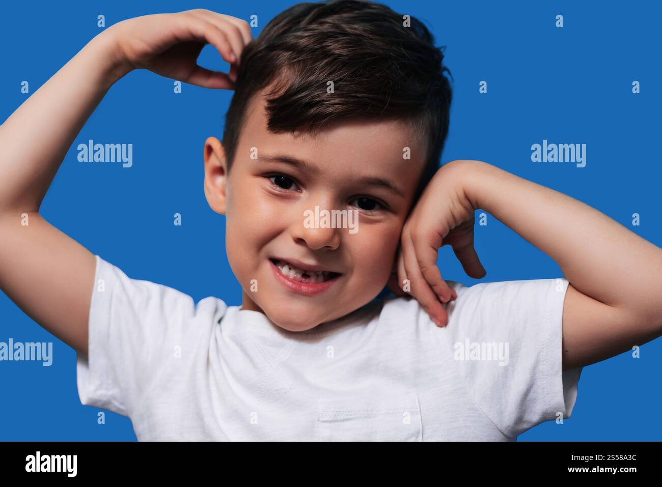 cute European boy without teeth, baby teeth fell out, conceptual ...