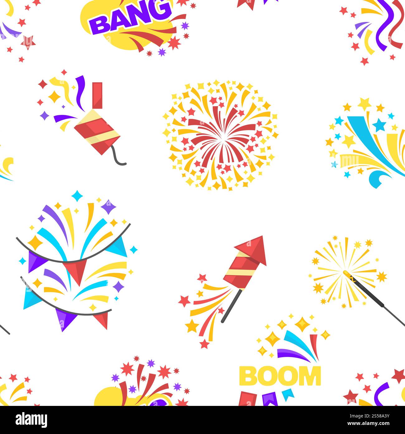 Bang party and celebration of holiday seamless pattern isolated on white vector. Boom petards ...